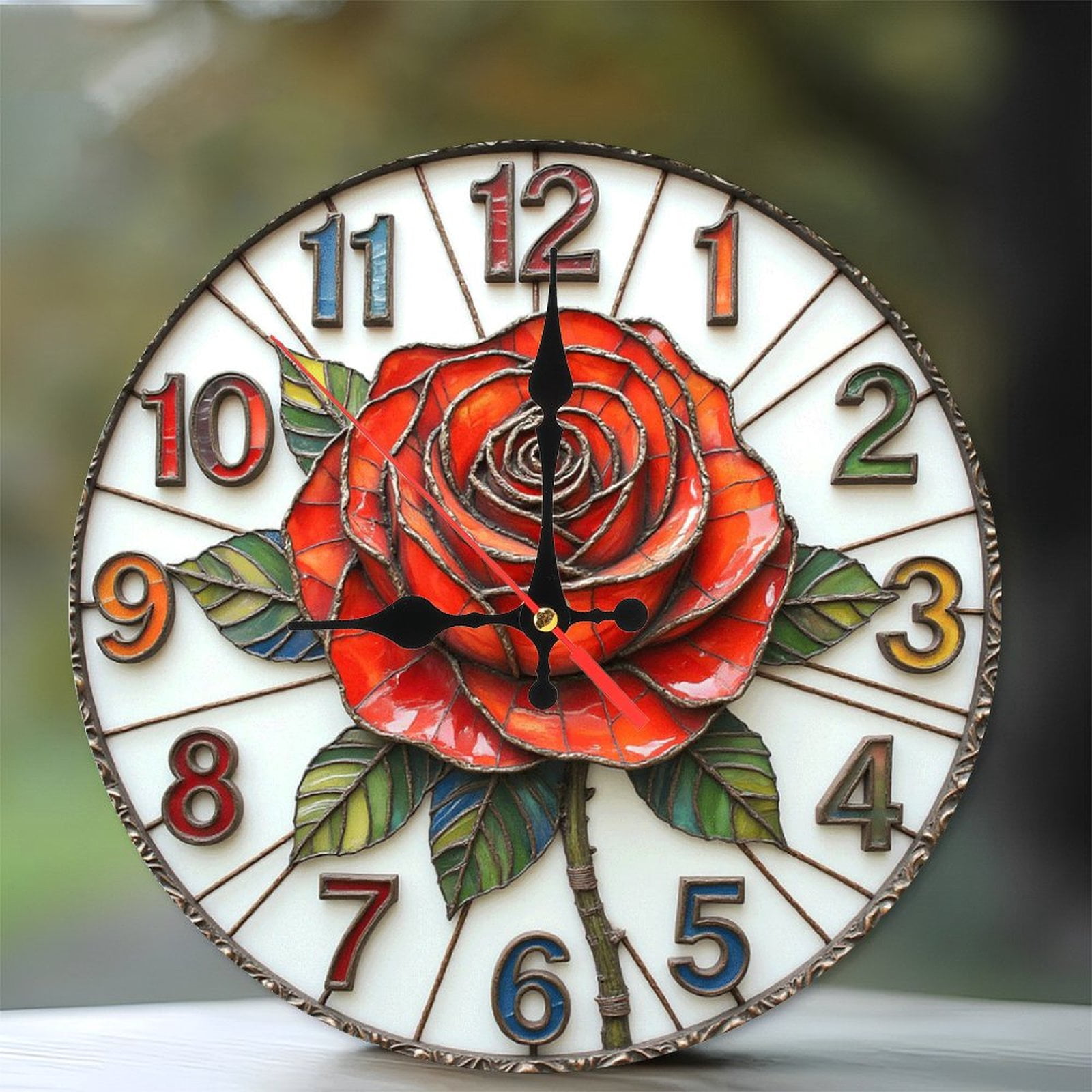 Stained Glass Rose Wall Clock Art Decor Home 10-Inch Silent Wooden Wall ...