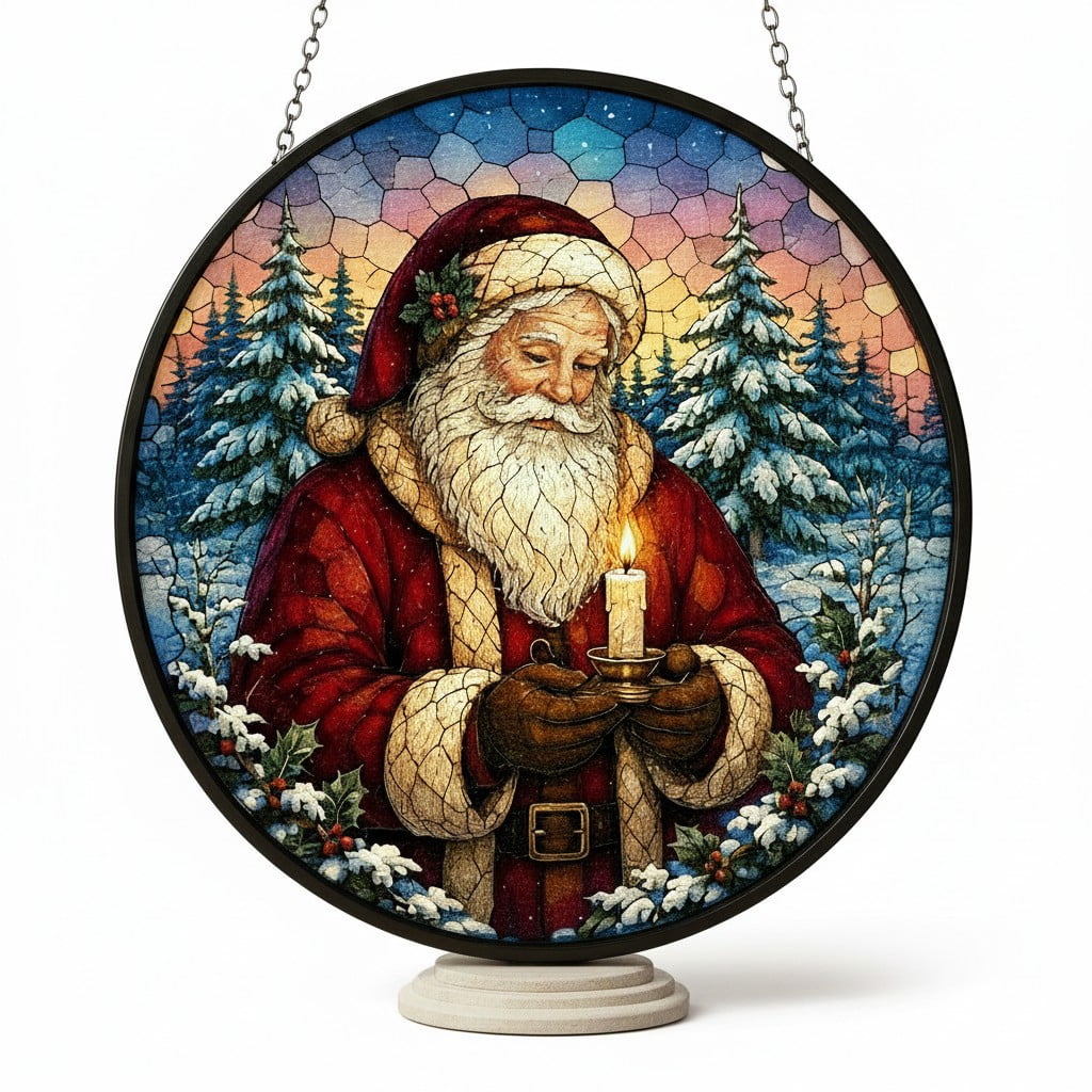 Stained Glass Santa Holding Candle Suncatcher, Round Christmas Tree and ...