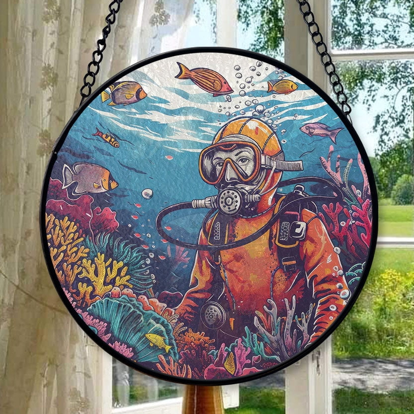 Stained Glass Scuba Diving Suncatcher Scuba Diver Light Catcher Window ...