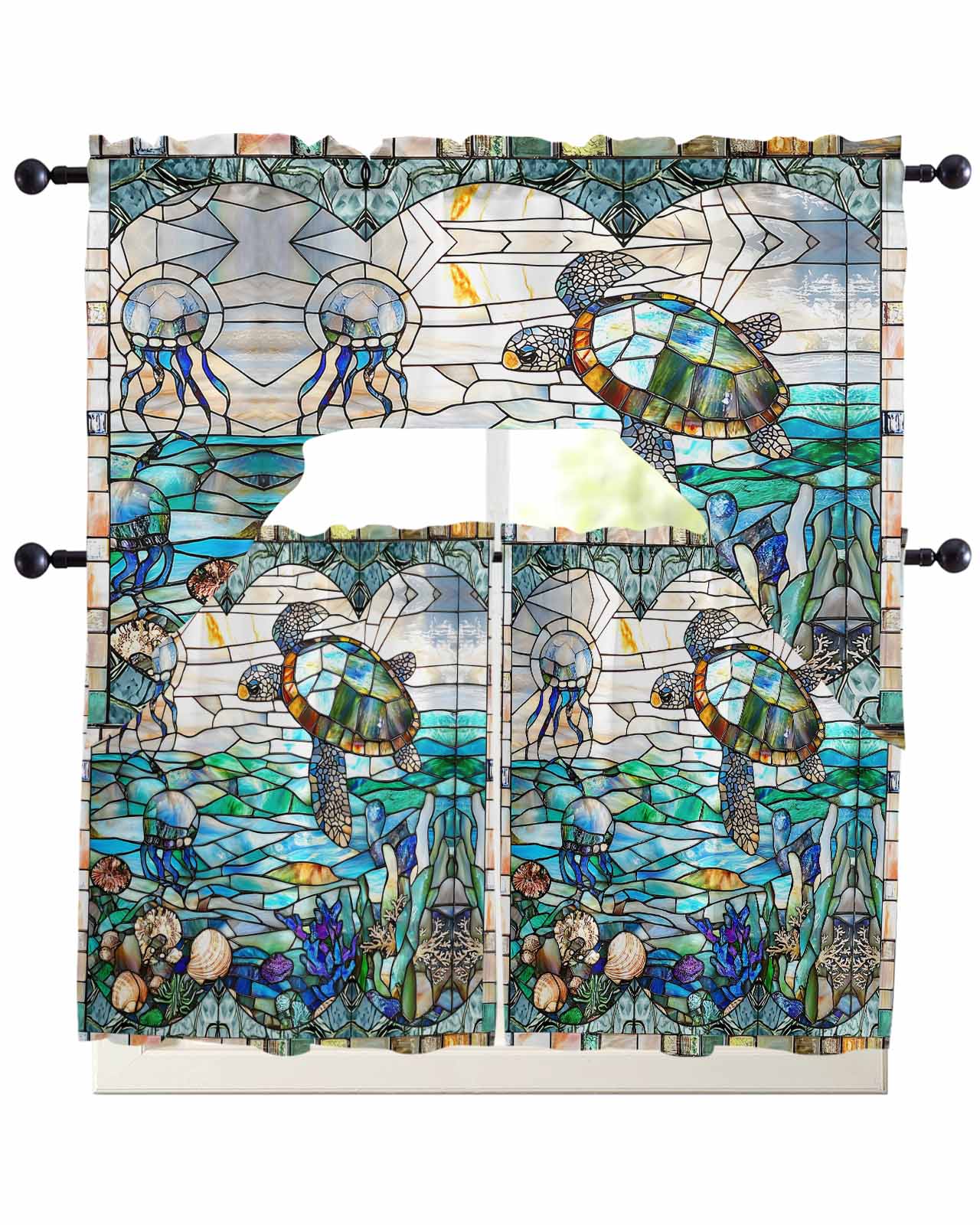 Stained Glass Sea Turtle Kitchen Curtains Swag Valance and Tier ...
