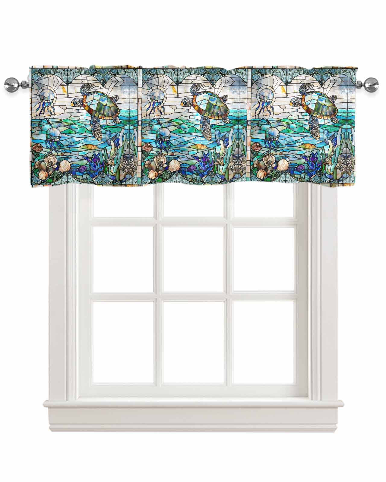 Stained Glass Sea Turtle Kitchen Valances for Windows Farmhouse Linen ...