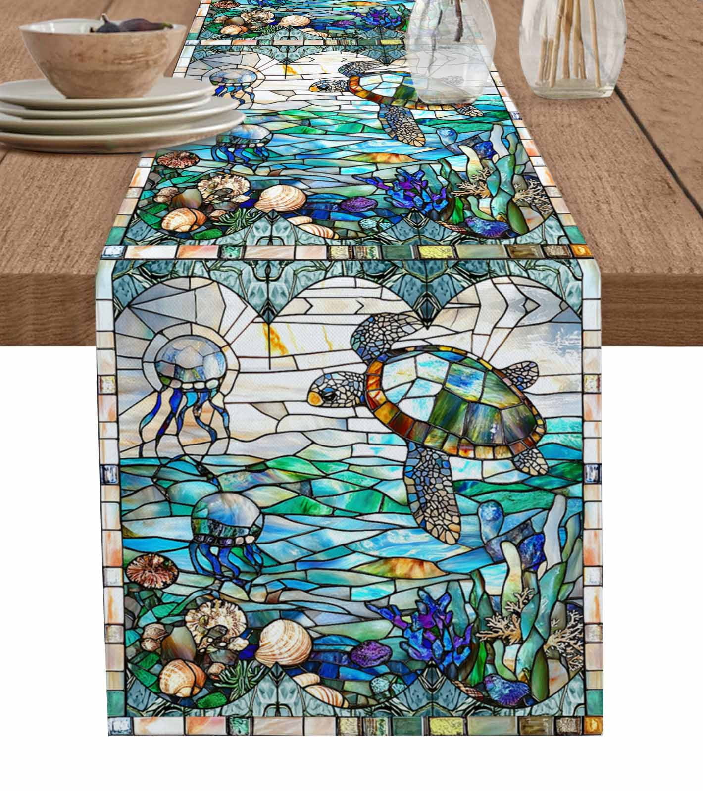 Stained Glass Sea Turtle Table Runner 90 Inches, Summer Coastal Ocean ...