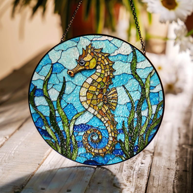 Stained Glass Seahorse Suncatcher Window Decor Sea Life Gift for Ocean ...