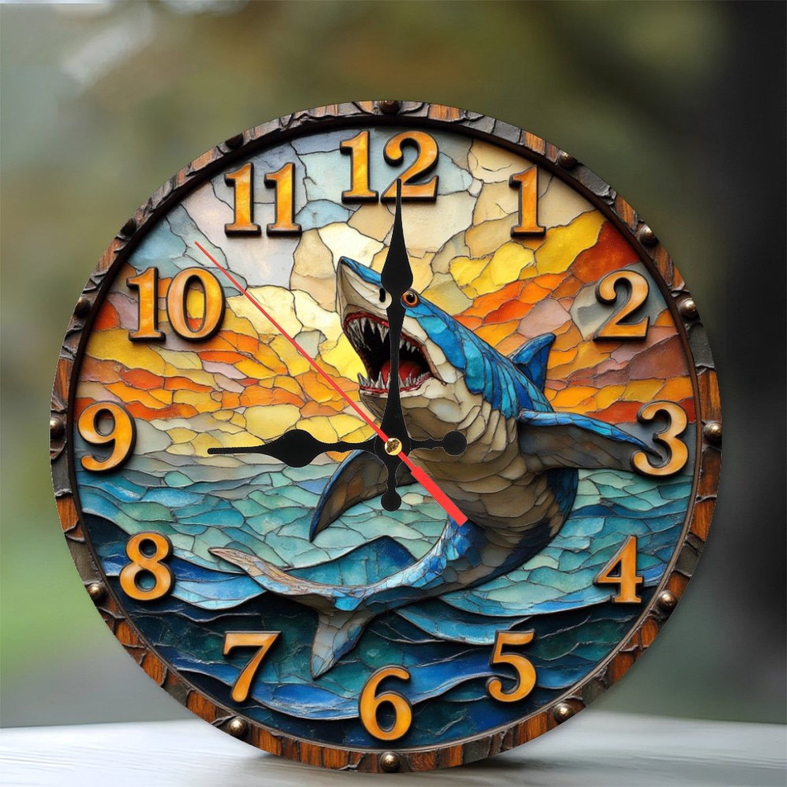 Stained Glass Shark Wall Clock Art Decor 10-Inch Silent Wooden Wall ...