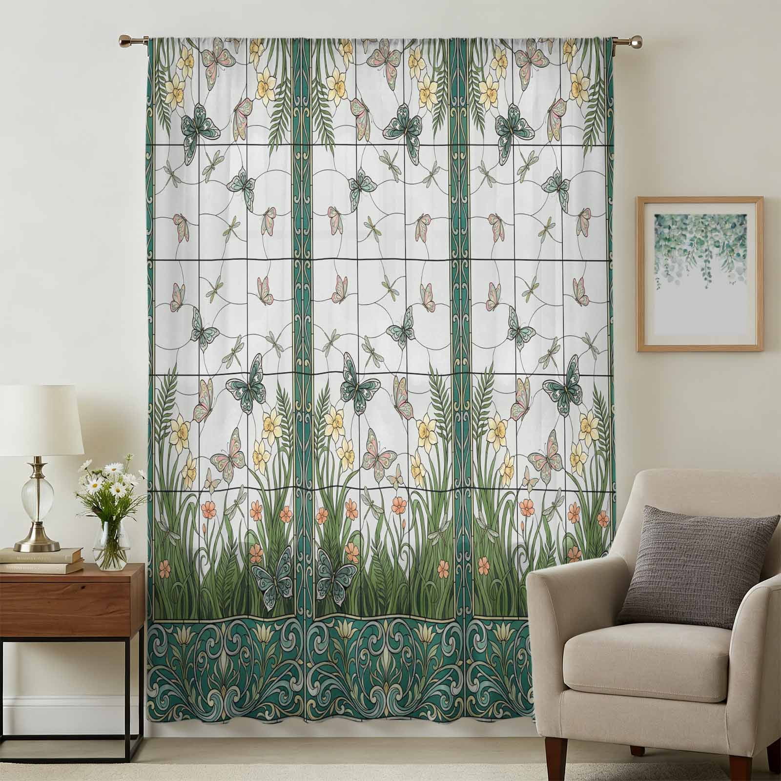 Stained Glass Sheer Curtains 72 Inches Long, Butterfly Flowers Spring ...