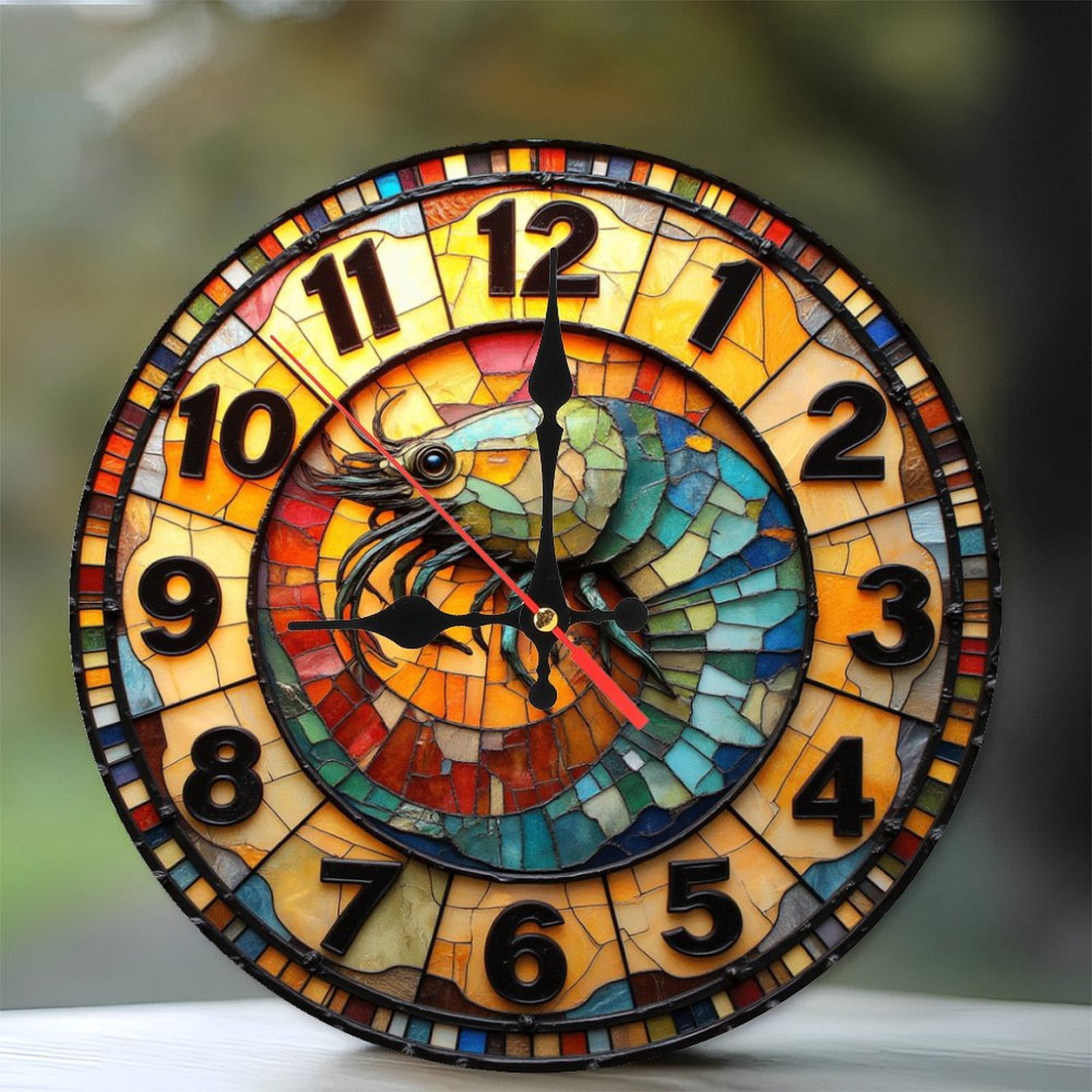 Stained Glass Shrimp Clock Home Decor Art 10-Inch Silent Wooden Wall ...