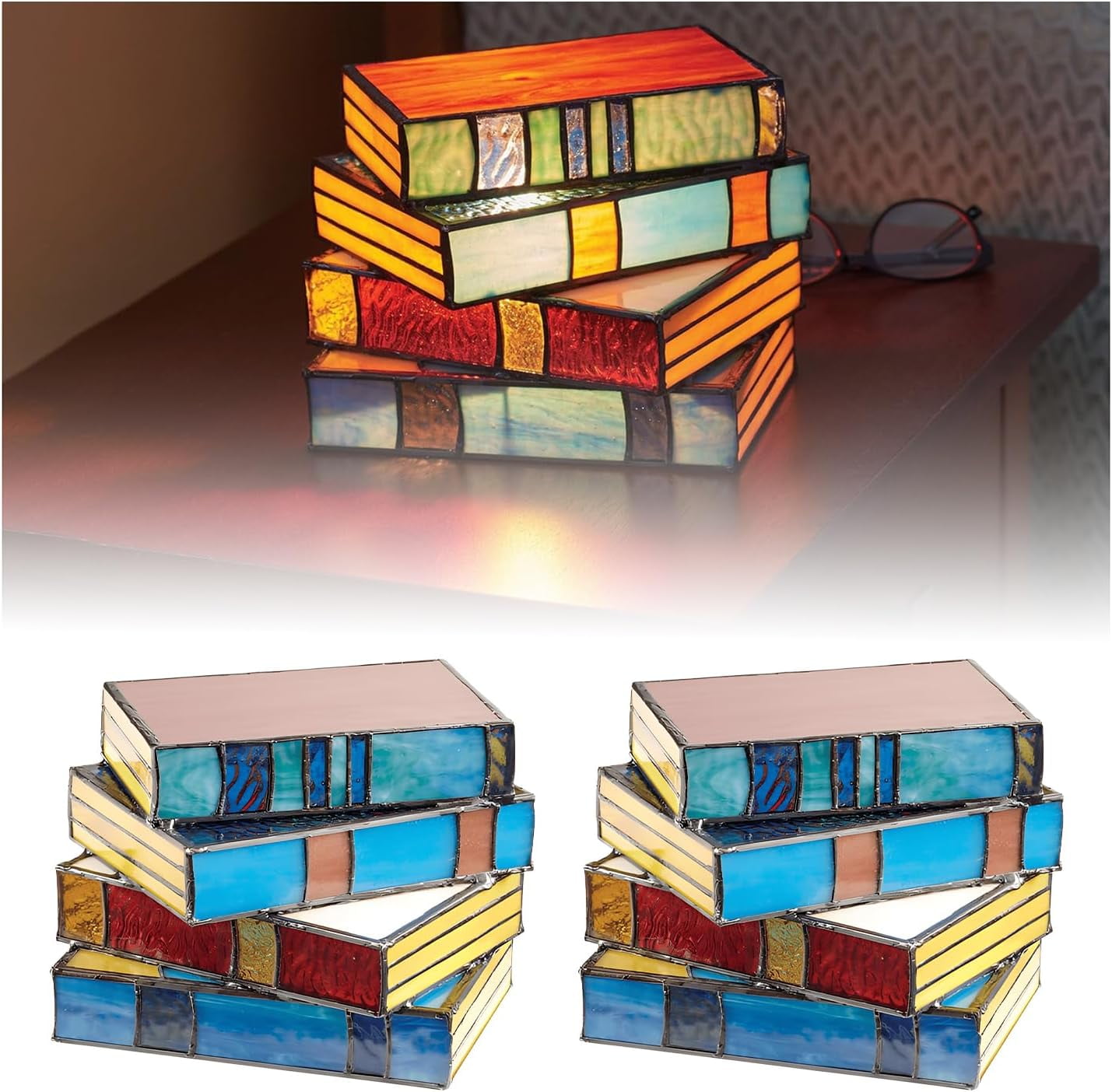 Stained Glass Stacked Books Lamp, Stained Glass Lamp, Simulated Stacked ...