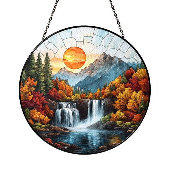 Stained Glass Style Autumn Mountain Window Suncatcher, Fantasy Nature ...