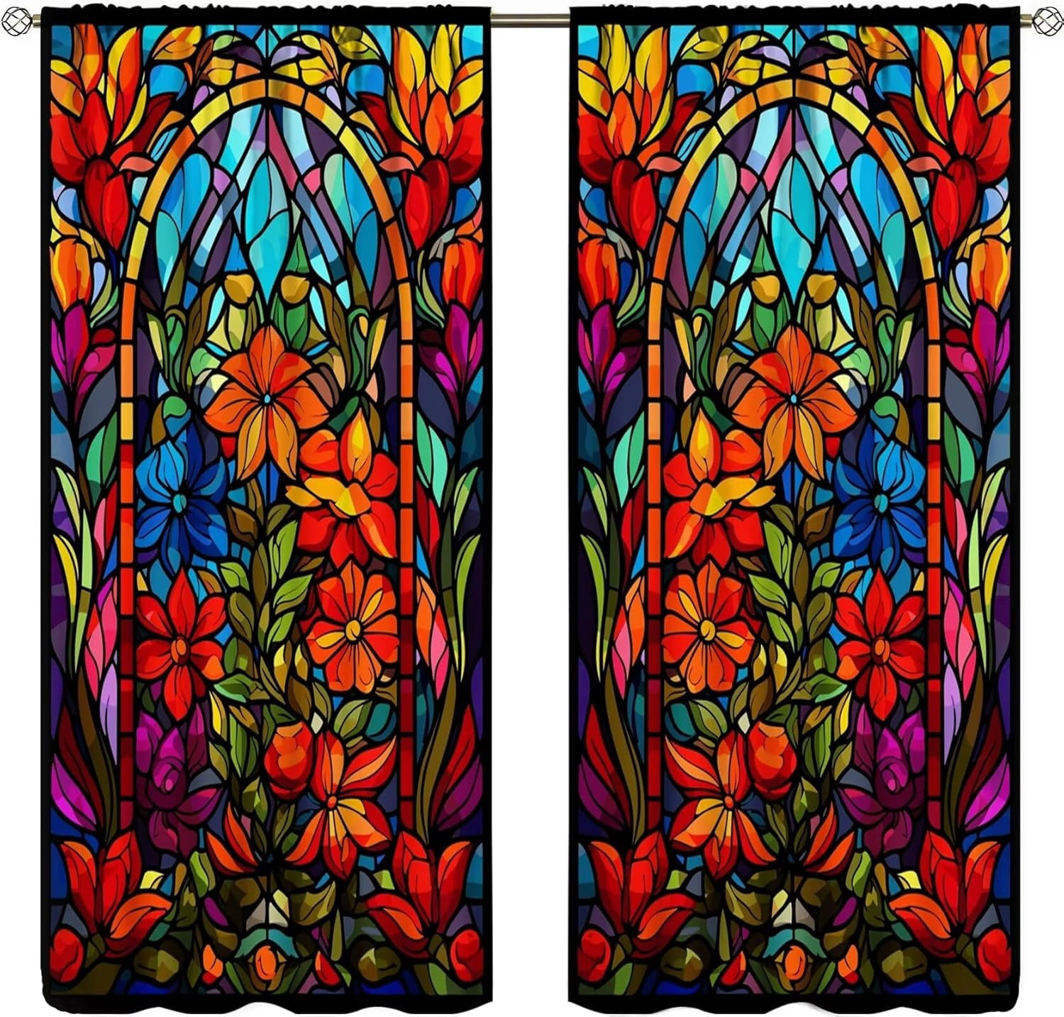 Stained Glass Style Curtains Mid Century Abstract Flowers Vintage ...