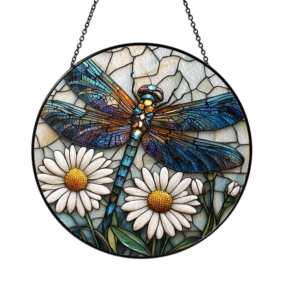 Stained Glass Style Dragonfly Daisy Round Suncatcher Window Hanging Art ...