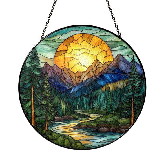 Stained Glass Style Mountain Tree Sunset Suncatcher Window Hanging ...