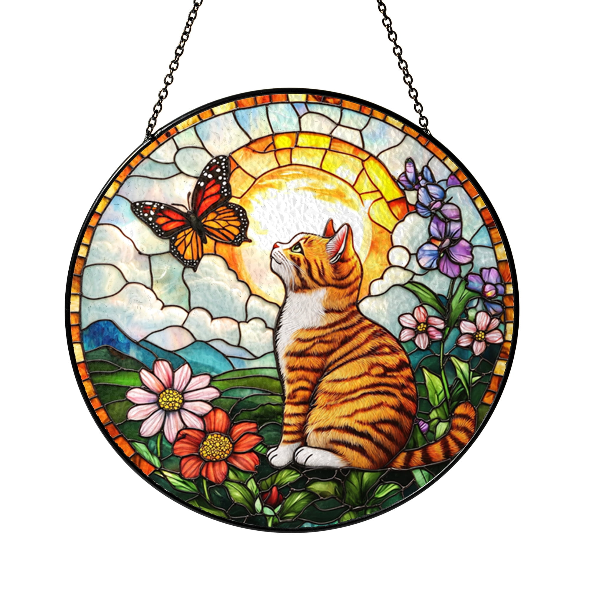 Stained Glass Style Orange Cat Suncatcher – Floral Garden Window Art ...