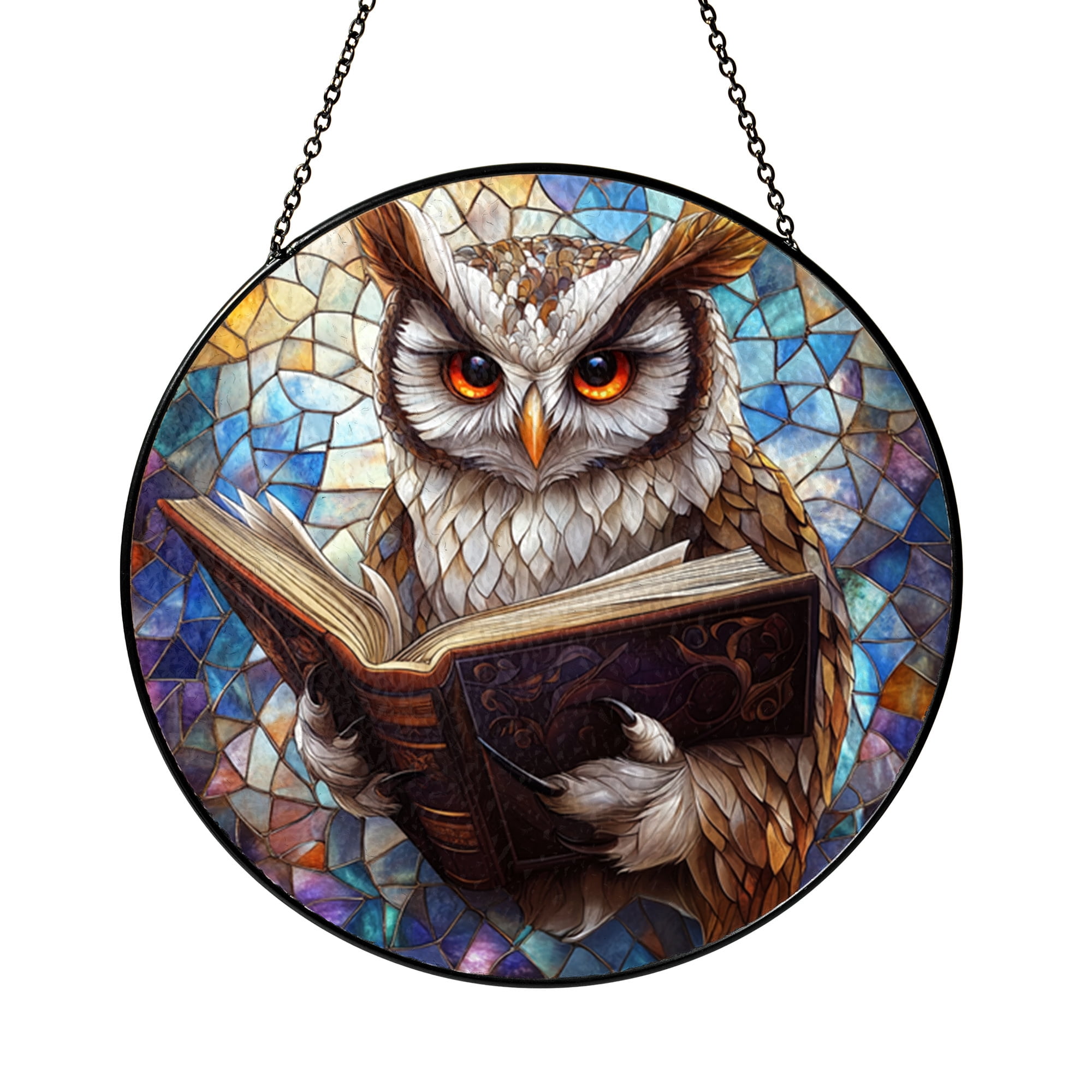 Stained Glass Style Owl Reading Suncatcher, Decorative Window Hanging ...