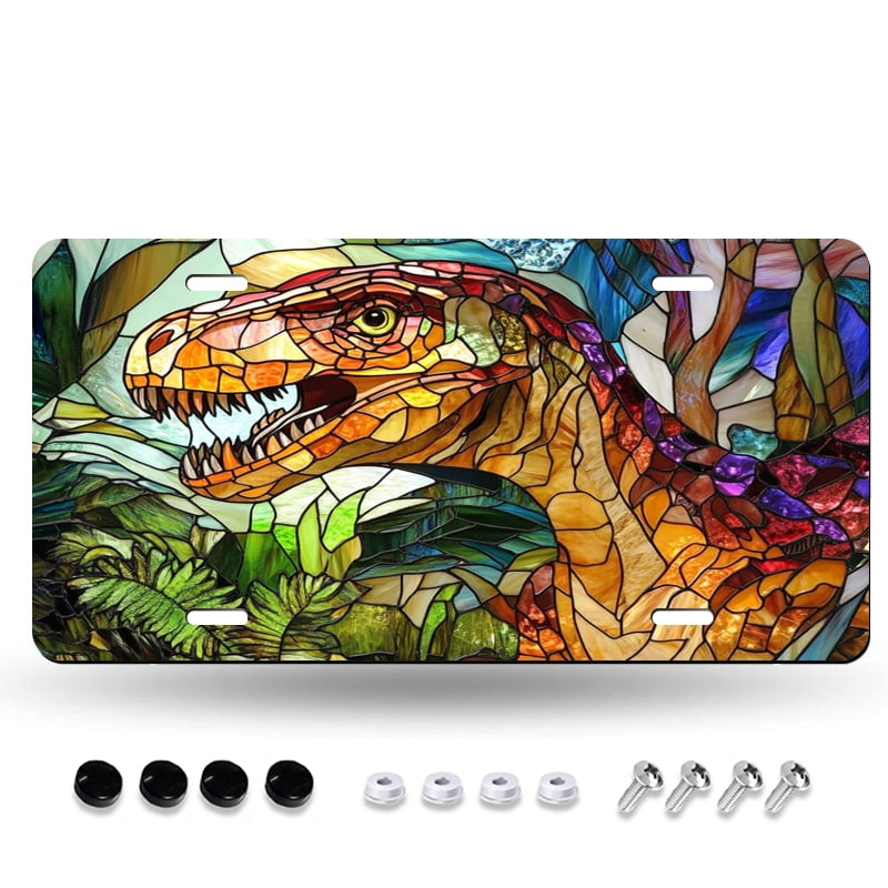 Stained - Glass - Style T - Rex in Prehistoric Landscape License Plate ...