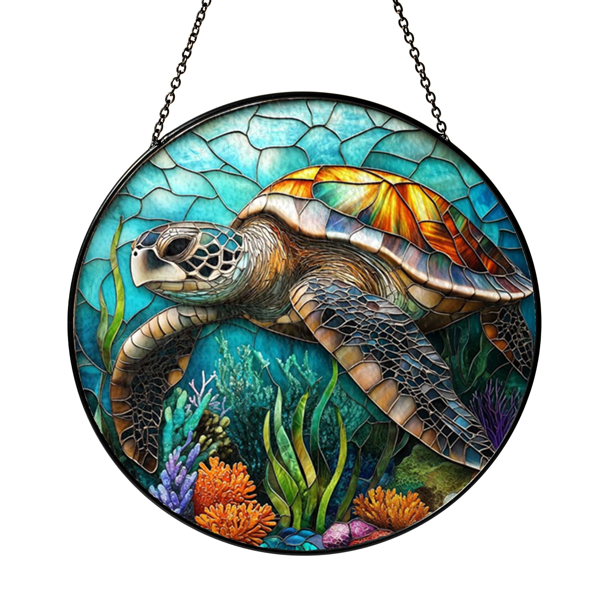 Stained Glass Style Turtle Suncatcher, Fantasy Ocean Window Art Panel ...