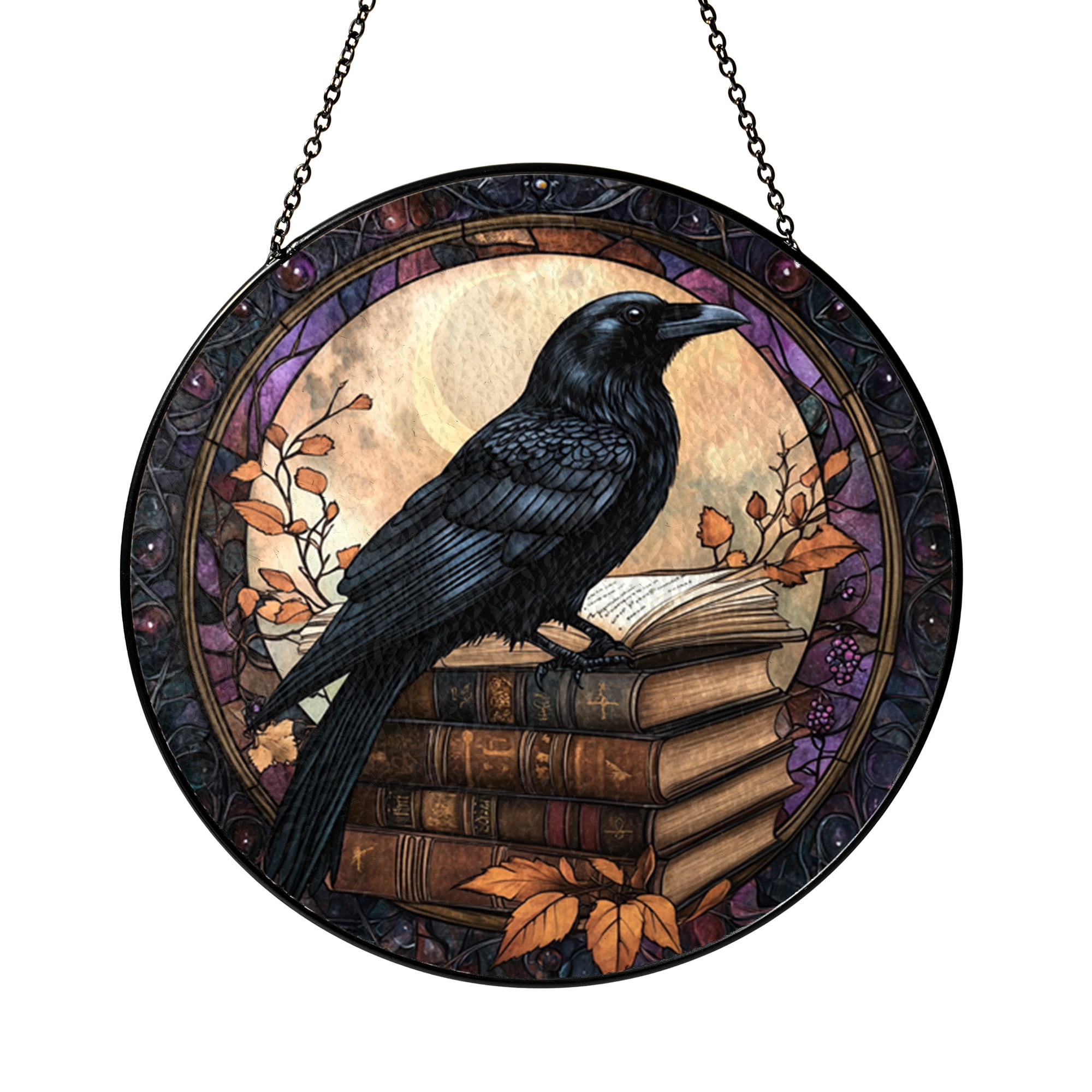 Stained Glass Style Window Suncatcher, Raven on Books Art Panel ...