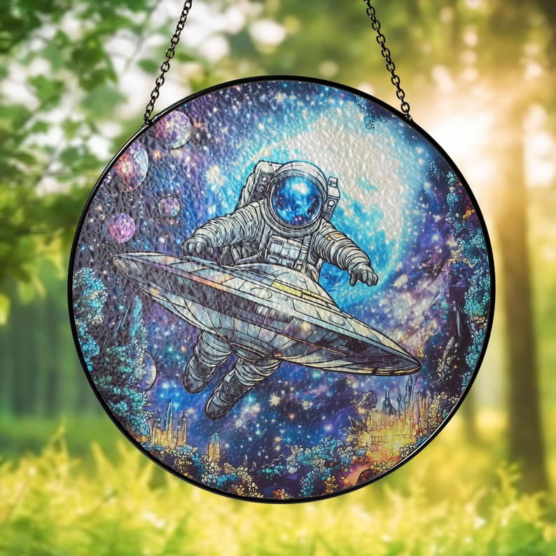Stained Glass Suncatcher, Astronaut Abduction Art, Sci-Fi Space Art ...