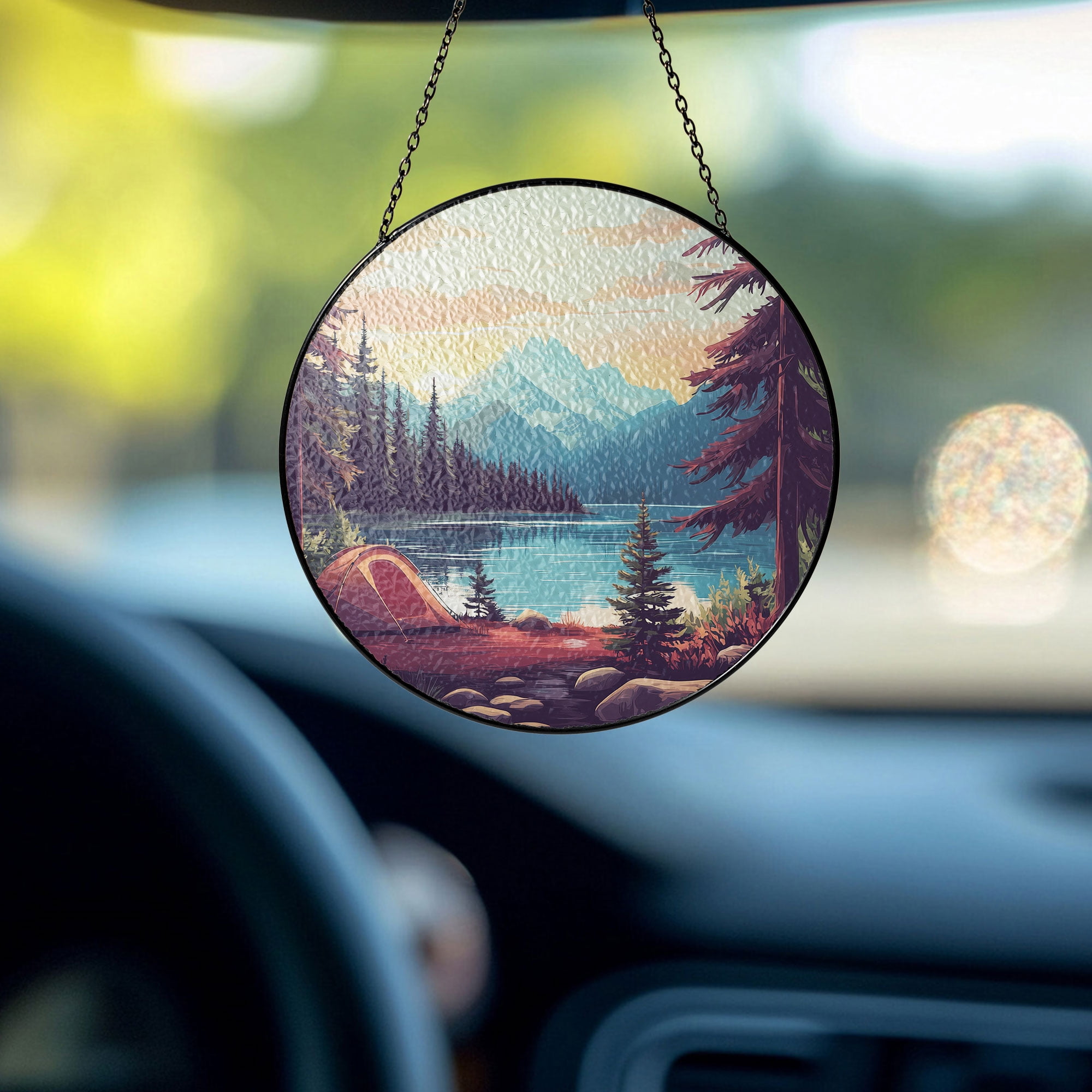Stained Glass Suncatcher, Camping Lake & Mountain Window Decor, Rustic ...