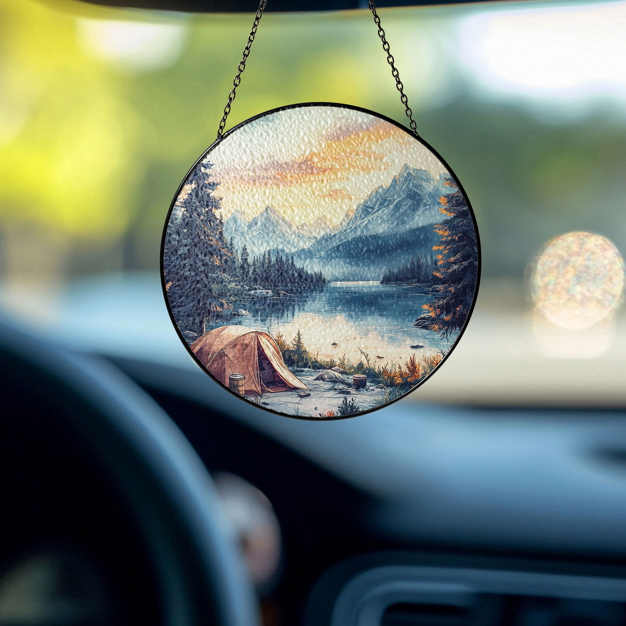 Stained Glass Suncatcher, Camping Lake & Mountain Window Decor, Rustic ...