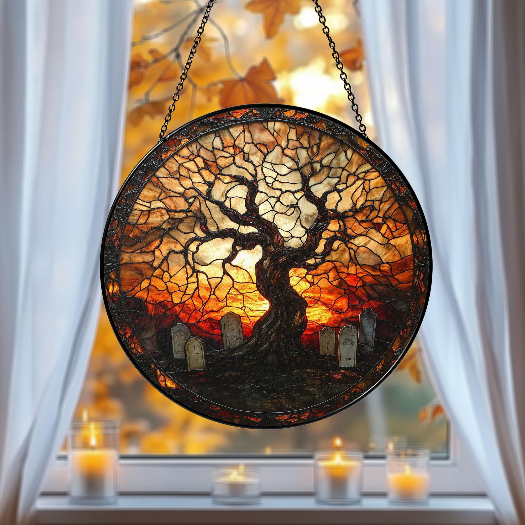 Stained Glass Suncatcher Haunted Graveyard, Gothic Halloween Window ...