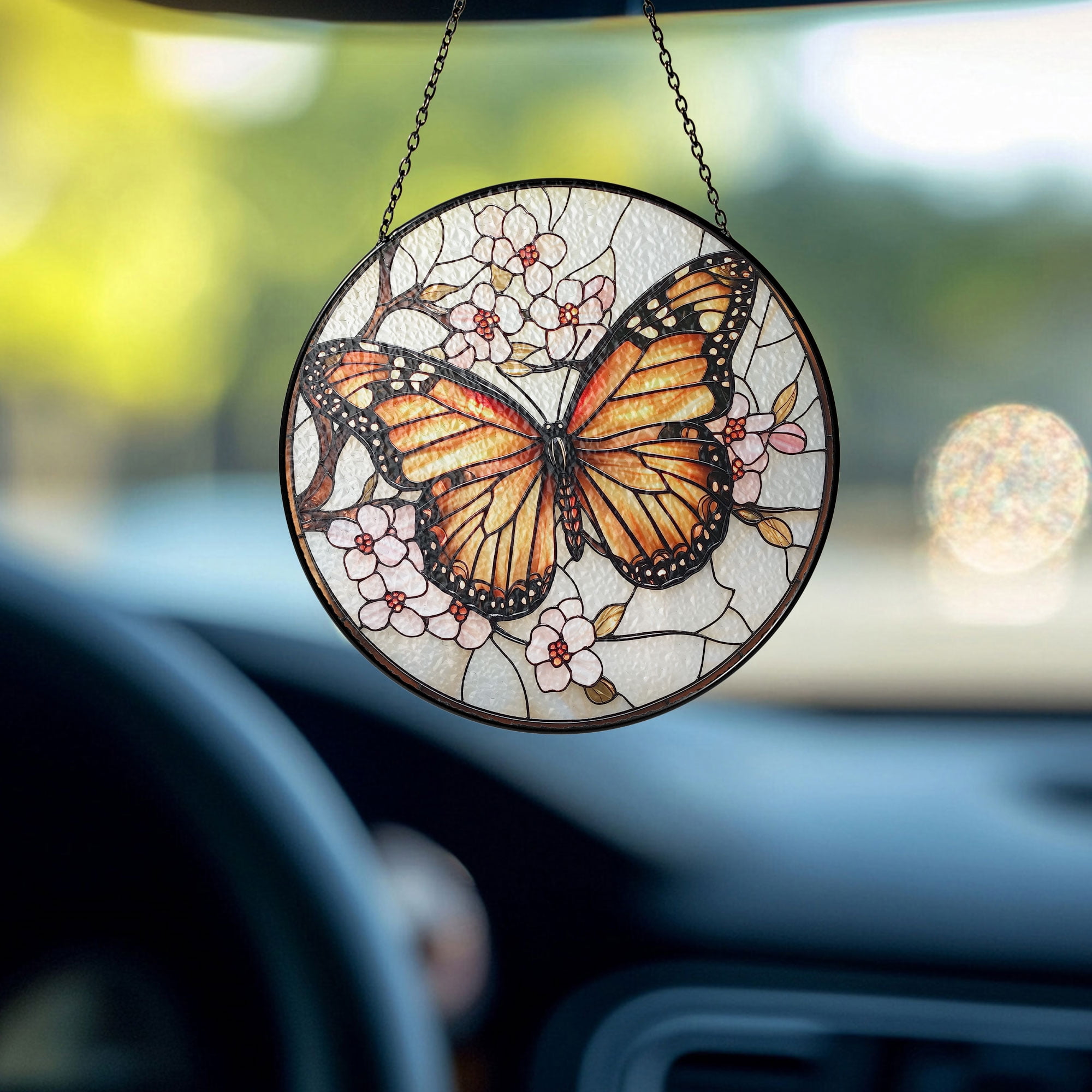 Stained Glass Suncatcher, Monarch Butterfly & Floral Window Hanging ...