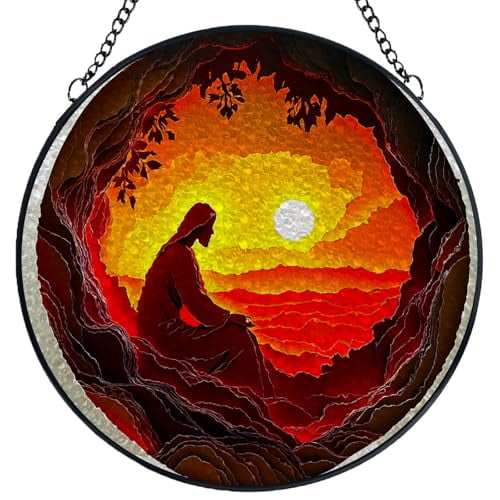 Stained Glass Suncatcher Panel 3D Cave Jesus Christ Under Sunset ...