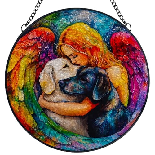Stained Glass Suncatcher Panel Angel Girl Hug Labrador Handmade Glass ...