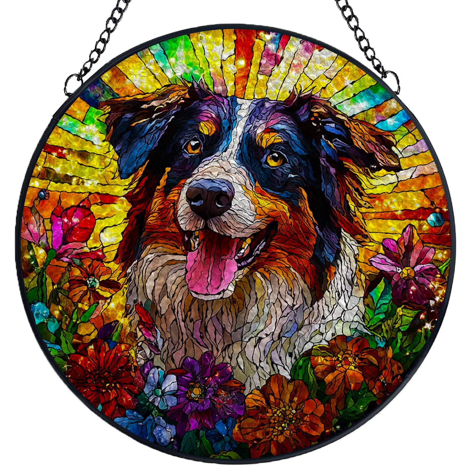 Stained Glass Suncatcher Panel Australian Shepherd in Flowers Handmade ...