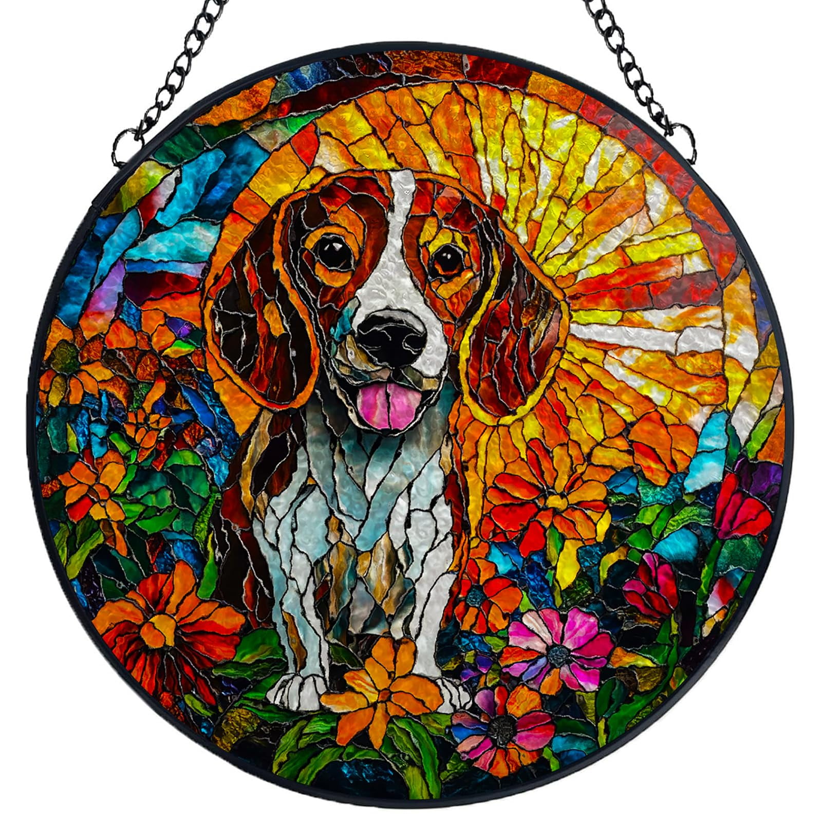 Stained Glass Suncatcher Panel Beagles Dog in Flower Handmade Glass ...