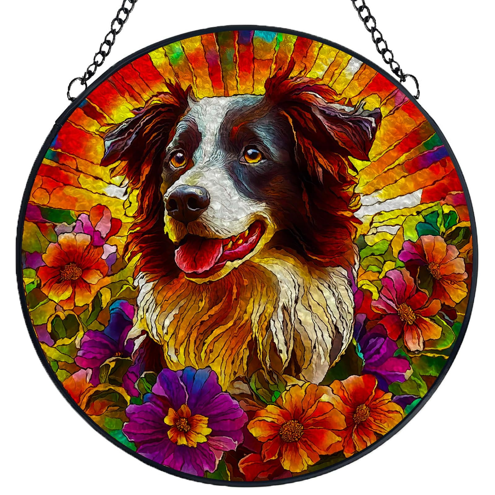 Stained Glass Suncatcher Panel Border Collie Dog Flower Handmade Glass ...