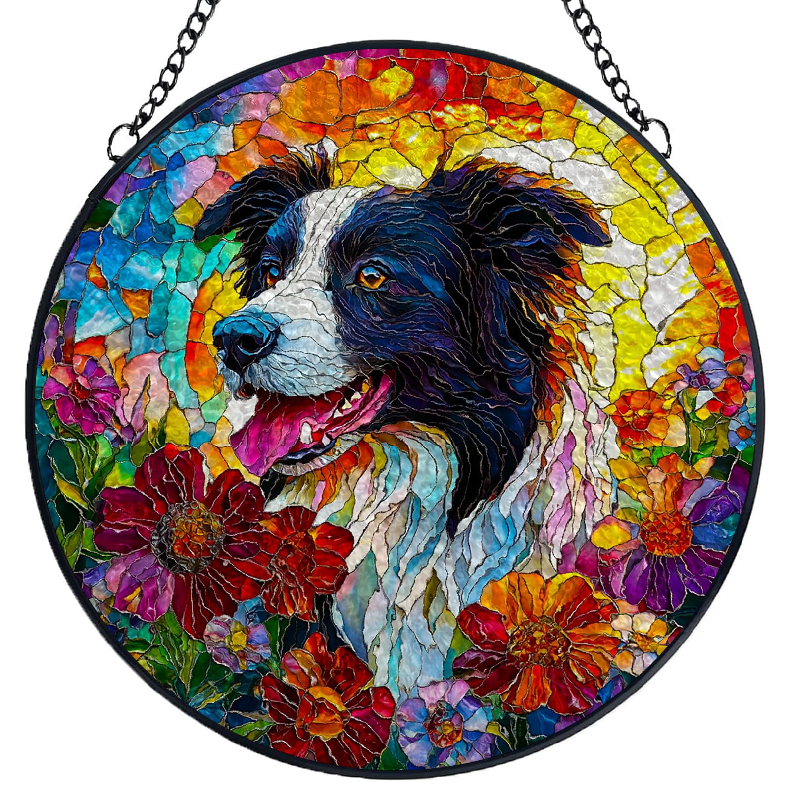 Stained Glass Suncatcher Panel Border Collie Dog Flower Handmade Glass ...
