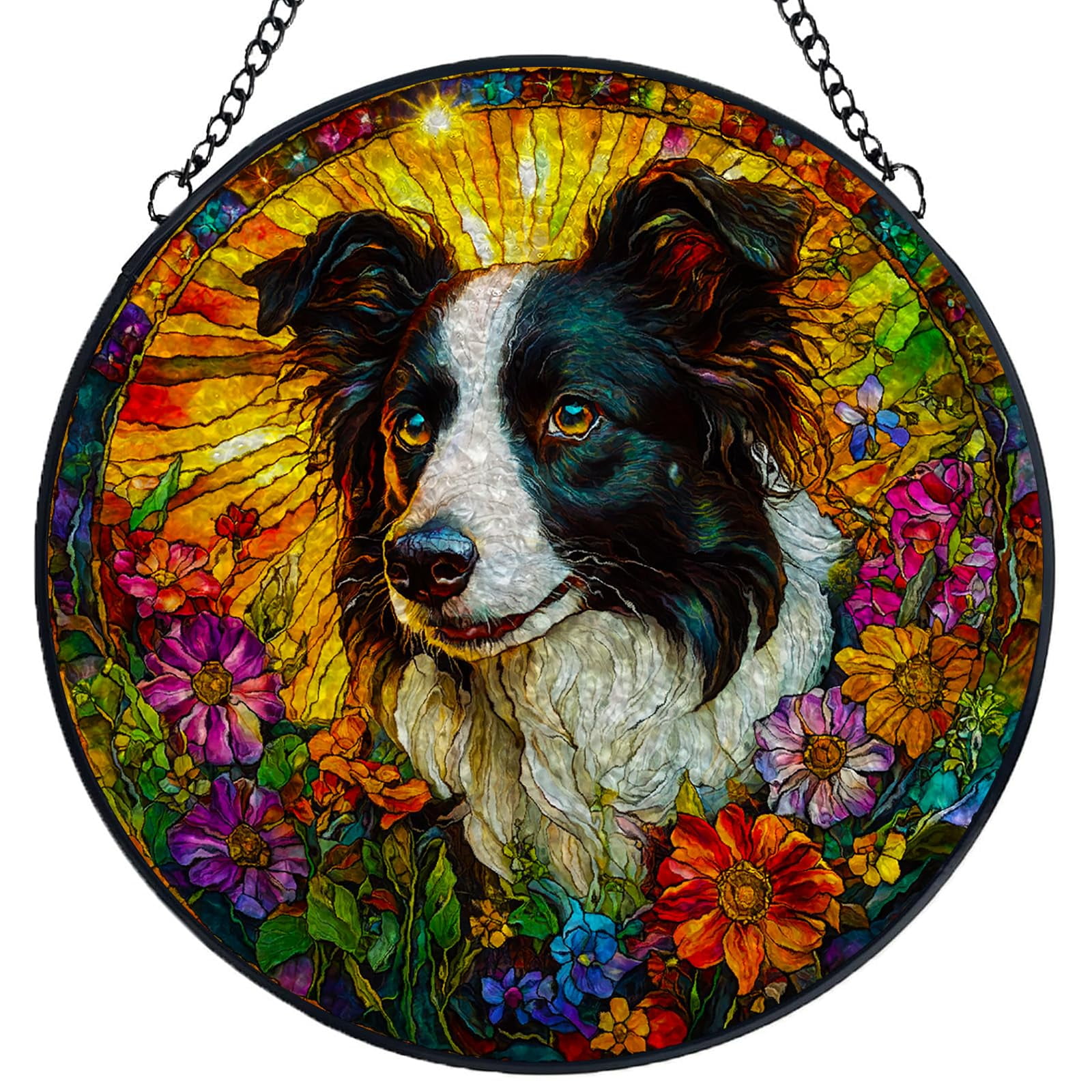 Stained Glass Suncatcher Panel Border Collie Dog Flower Handmade Glass ...
