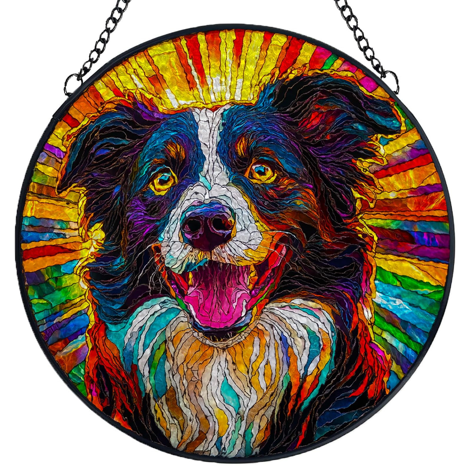 Stained Glass Suncatcher Panel Border Collie Dog Flower Handmade Glass ...