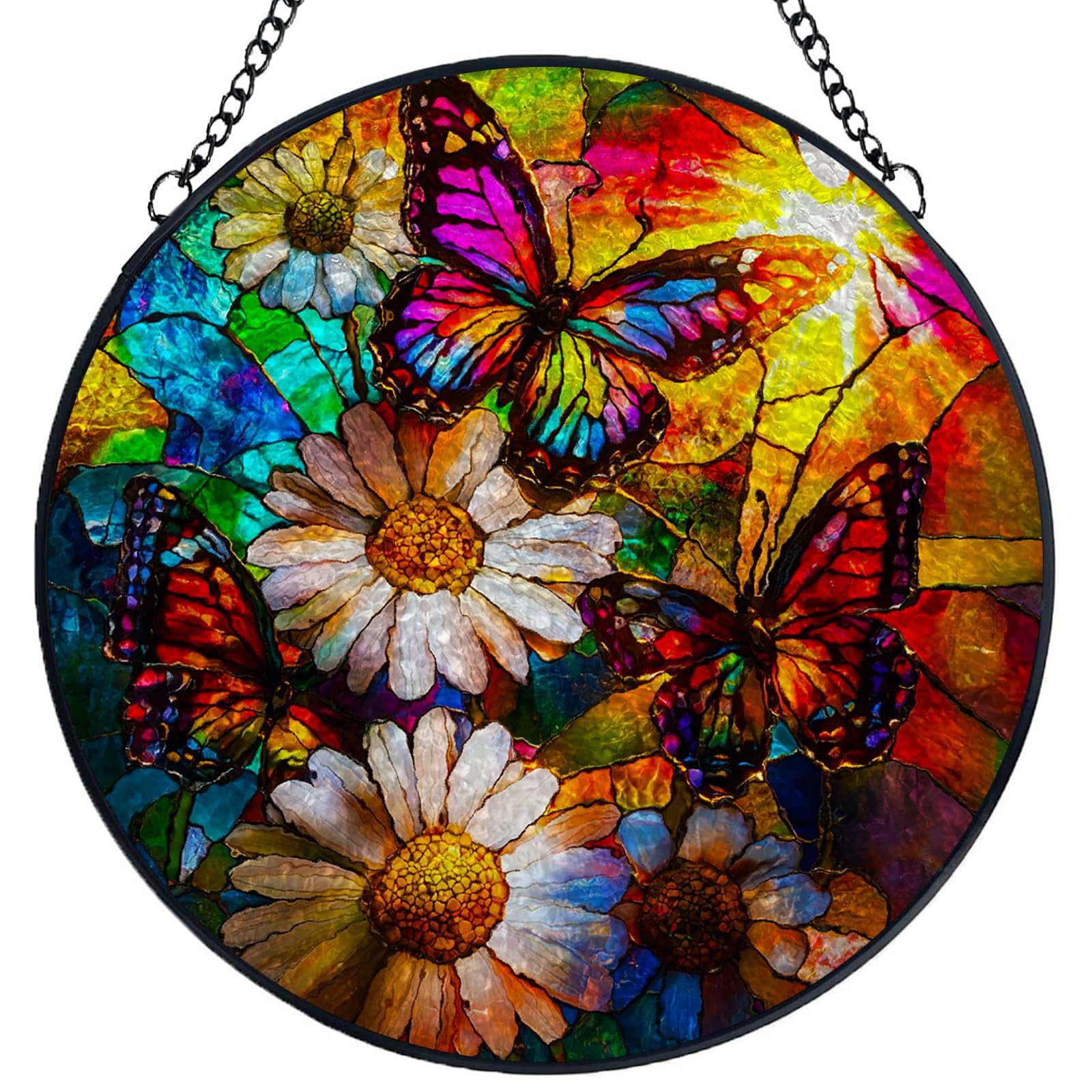 Stained Glass Suncatcher Panel Butterflies in Daisy Flower Sunshine Handmade Glass Wingdow ...