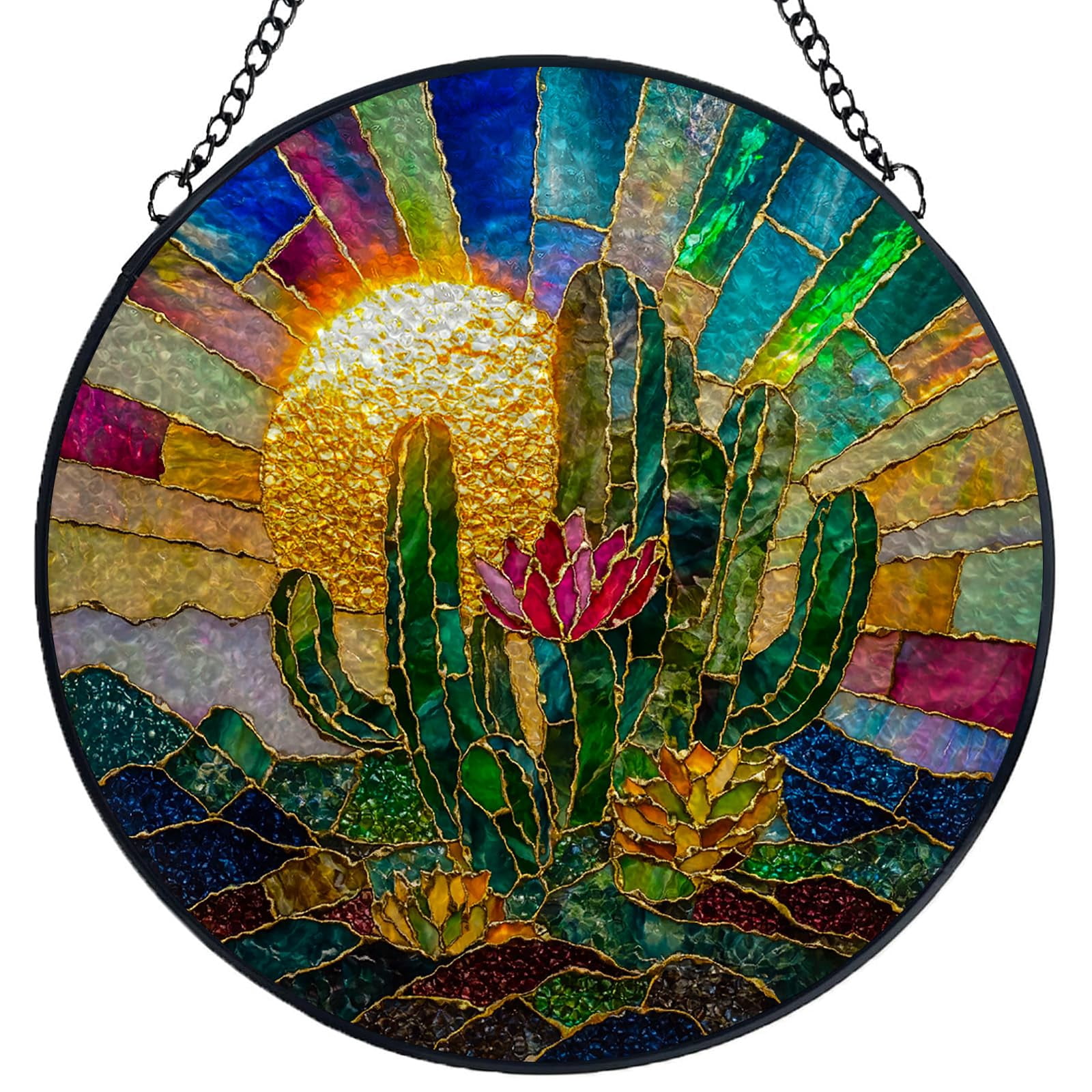 Stained Glass Suncatcher Panel Cactus under Sunset Handmade Glass ...