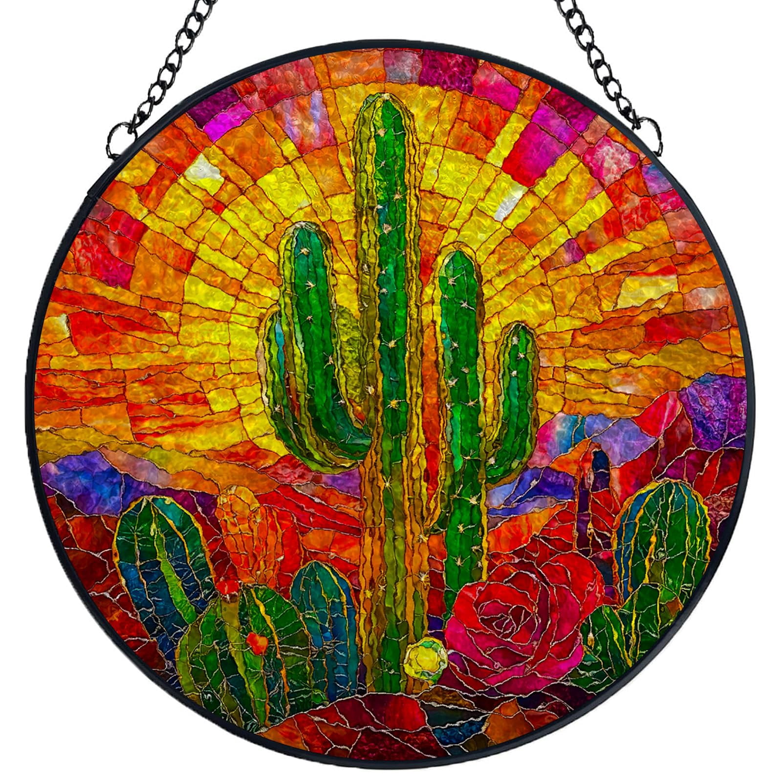 Stained Glass Suncatcher Panel Cactus under Sunset Handmade Glass ...