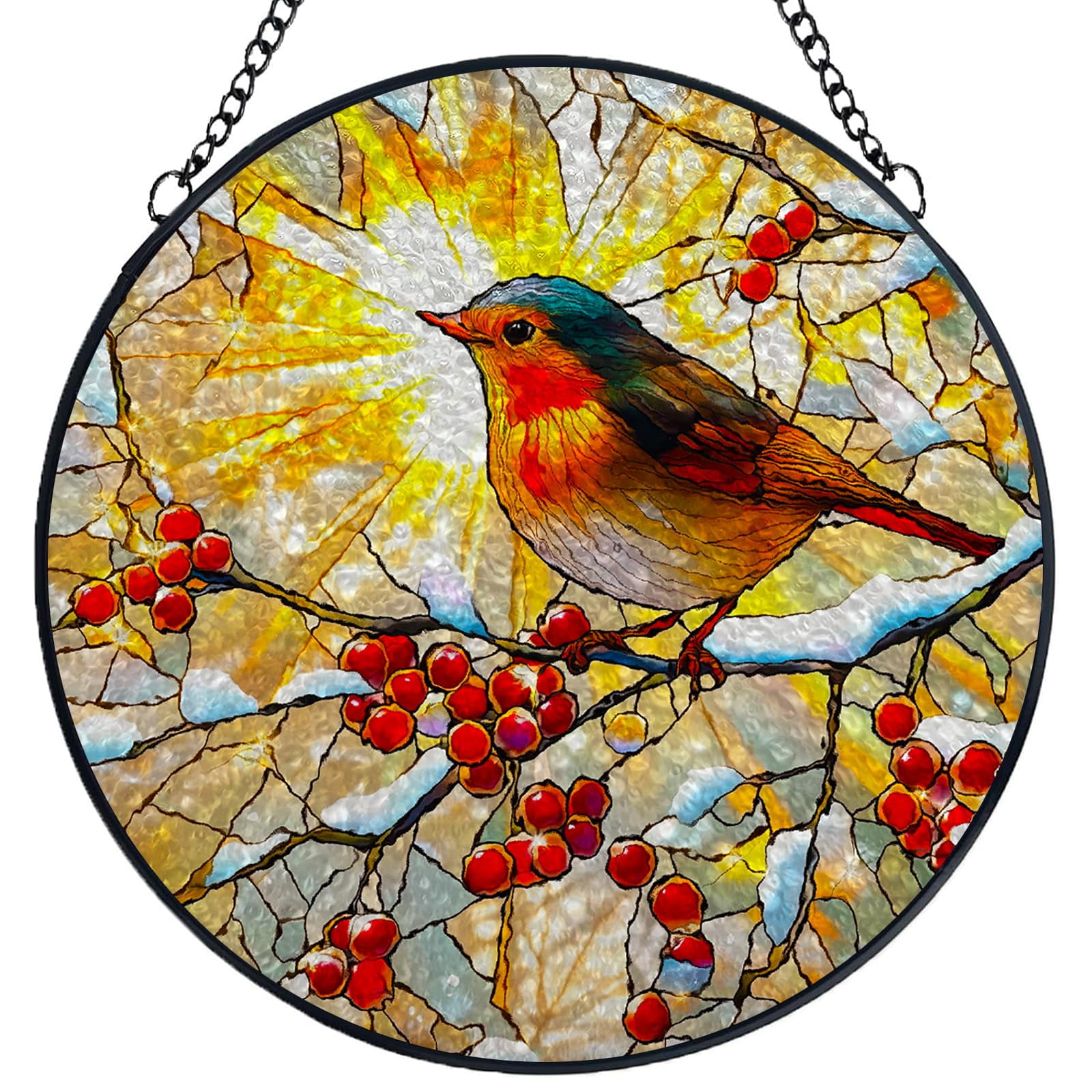 Stained Glass Suncatcher Panel Robin Bird on Red Berry Branch Handmade ...