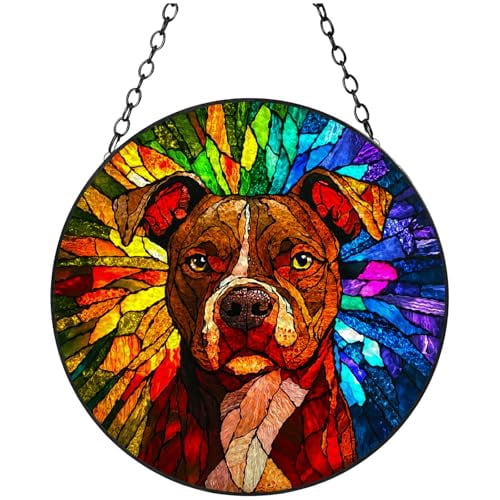 Stained Glass Suncatcher Pitbull Dog Portrait and Rainbow Wing Handmade ...