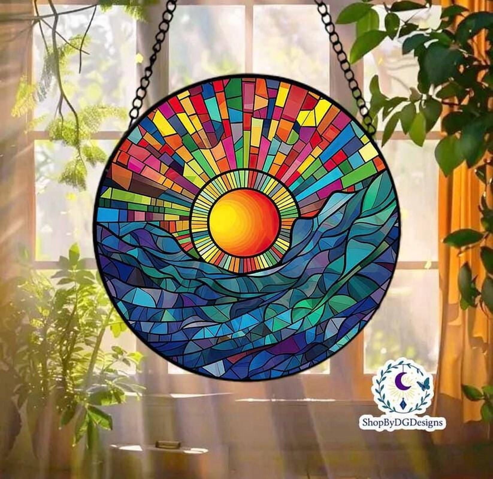 Stained Glass Suncatcher, Rainbow Sunrise Over Waves Design, Colorful ...