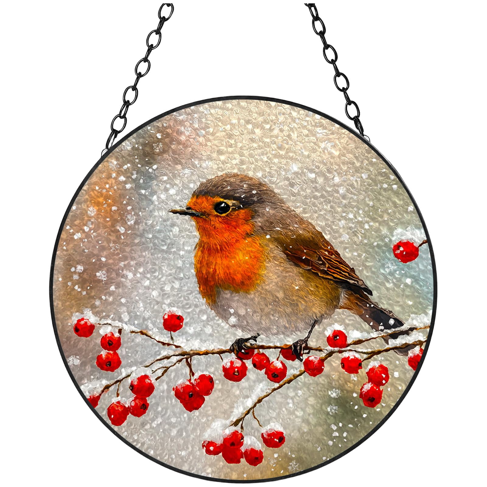 Stained Glass Suncatcher A Robbin Bird on Red Berry Branch Winter Snow ...