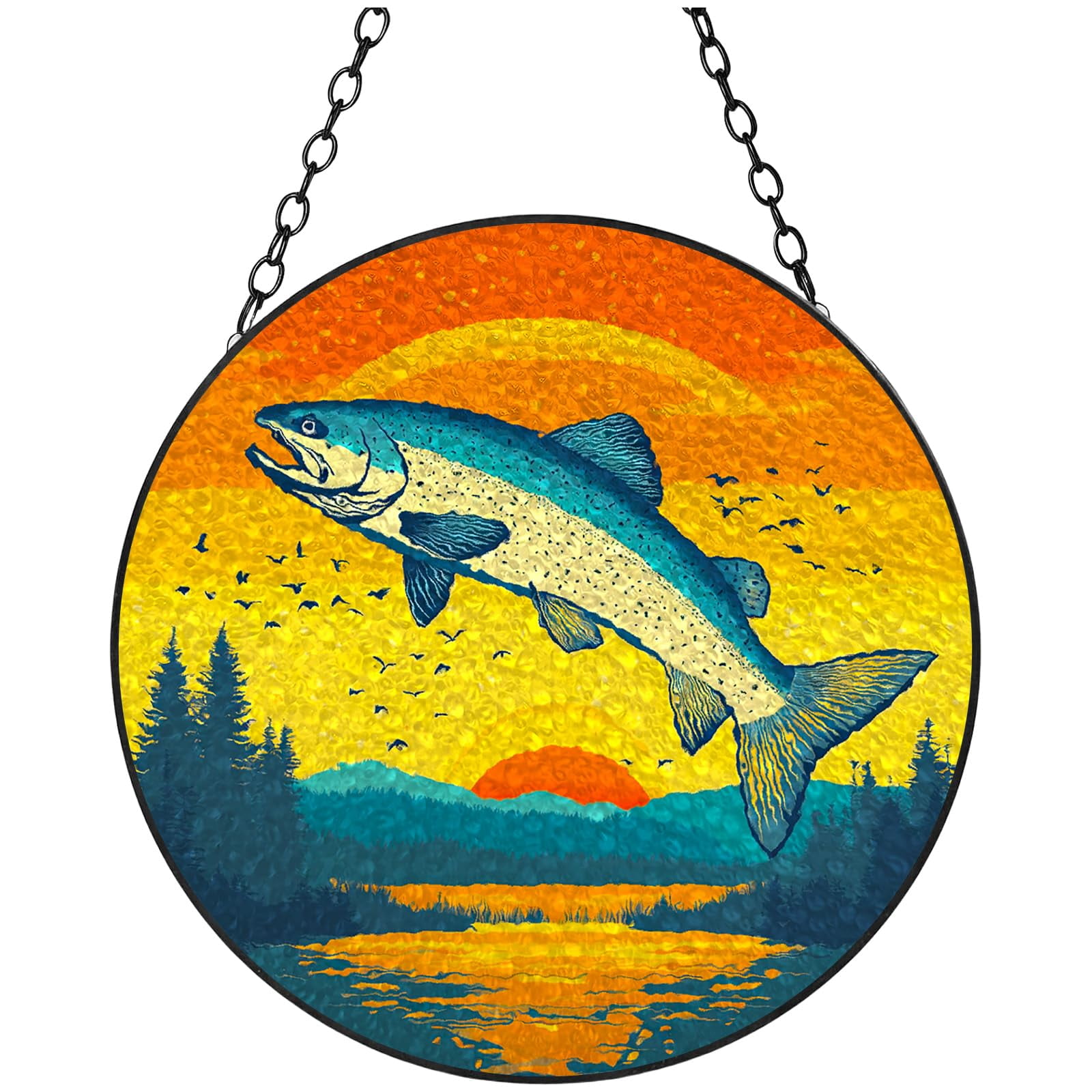 Stained Glass Suncatcher Trout Fish Jumping out River and Sunset ...