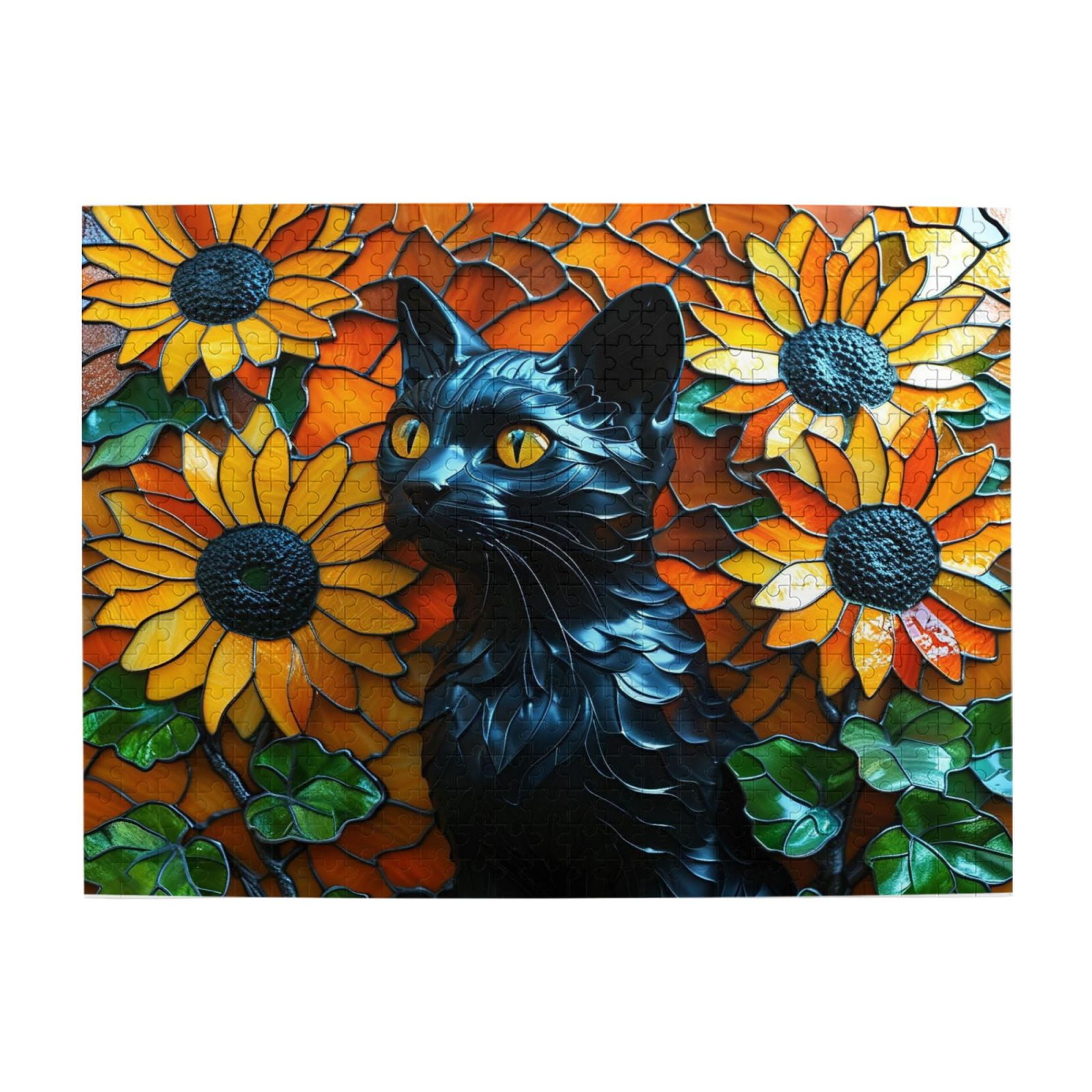 Stained Glass Sunflower Black Cat Puzzles for Adults 500 Pieces ...
