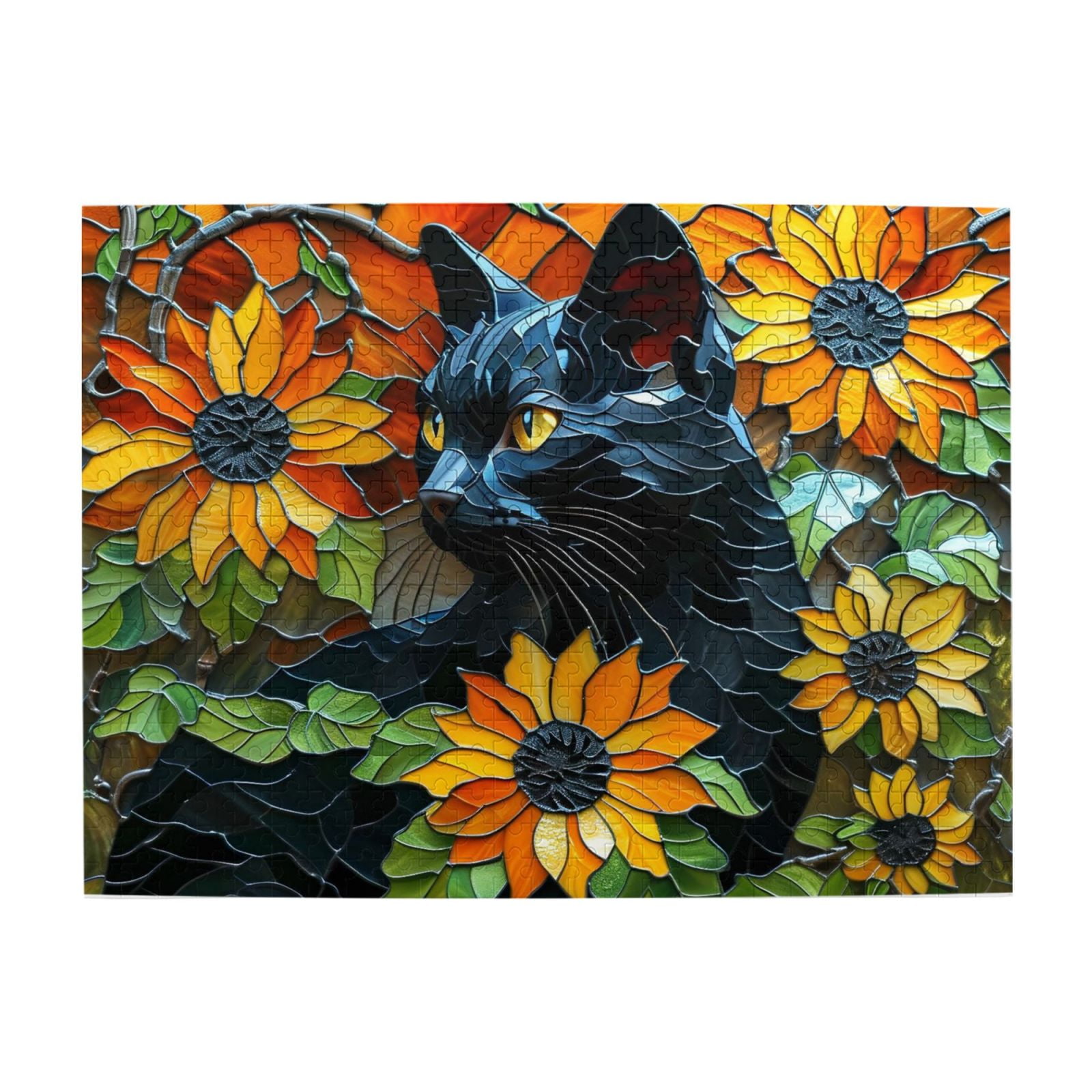 Stained Glass Sunflower Black Cat Puzzles for Adults 500 Pieces ...