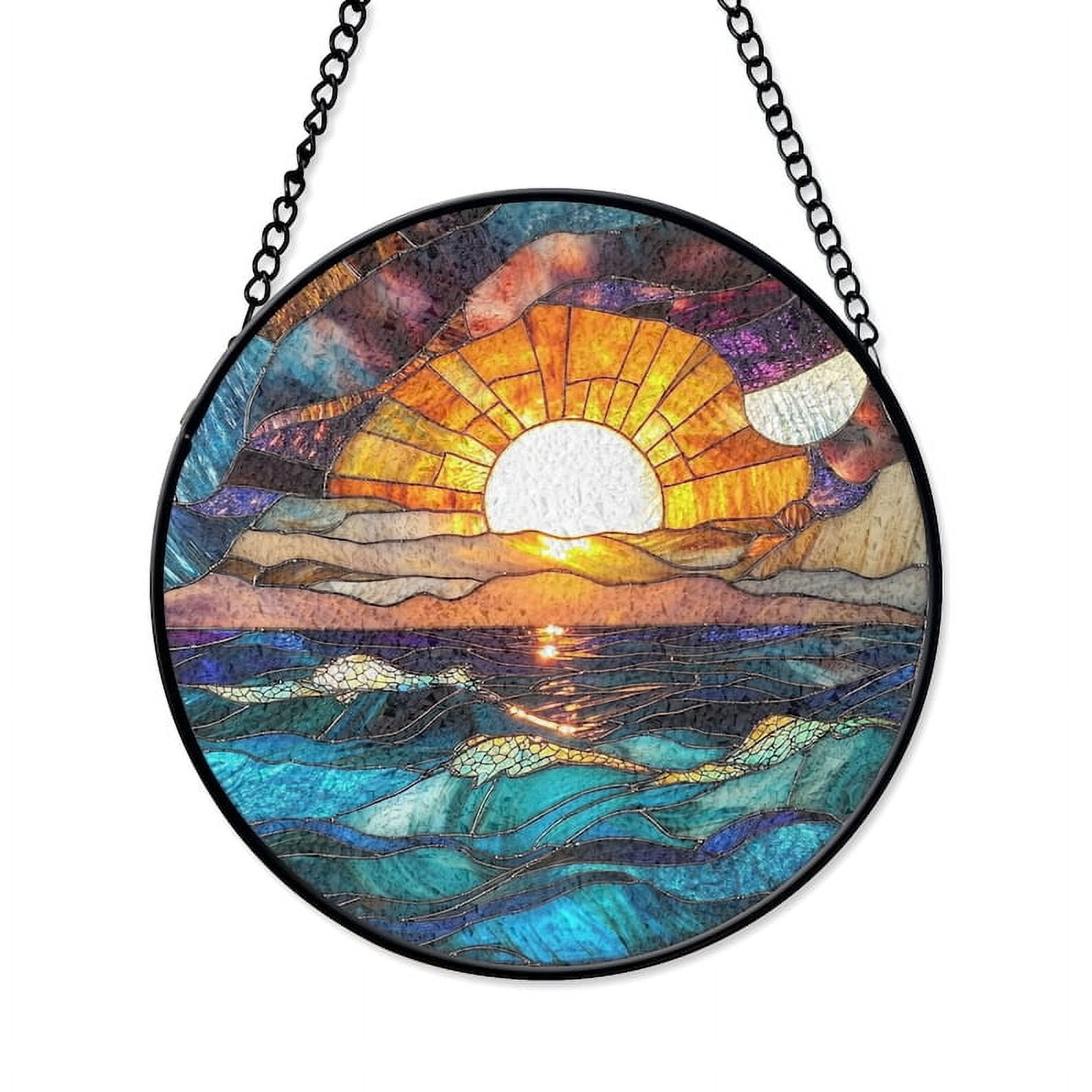 Stained Glass Sunset Over Ocean Suncatcher – Vibrant Sun, Waves, and ...