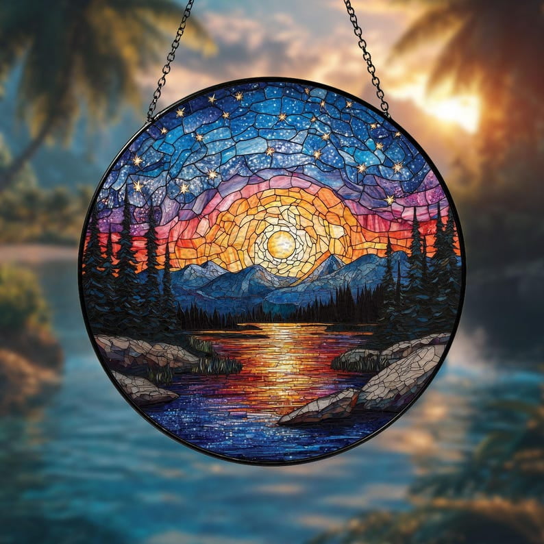 Stained Glass Sunset Suncatcher, Vibrant Window Decor, Sunset Decor ...