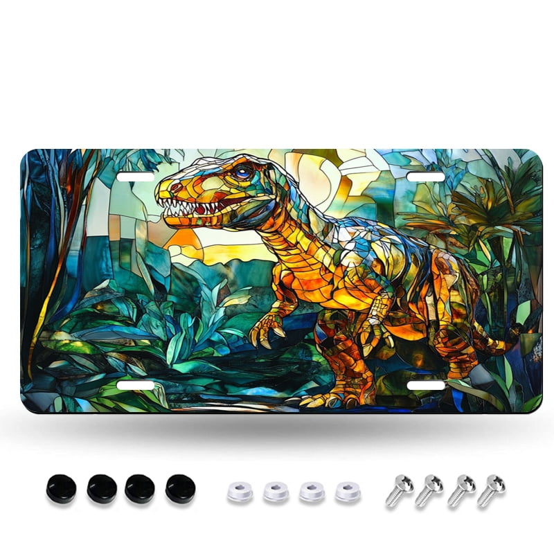 Stained - Glass T - Rex in Prehistoric Jungle License Plate Frame ...
