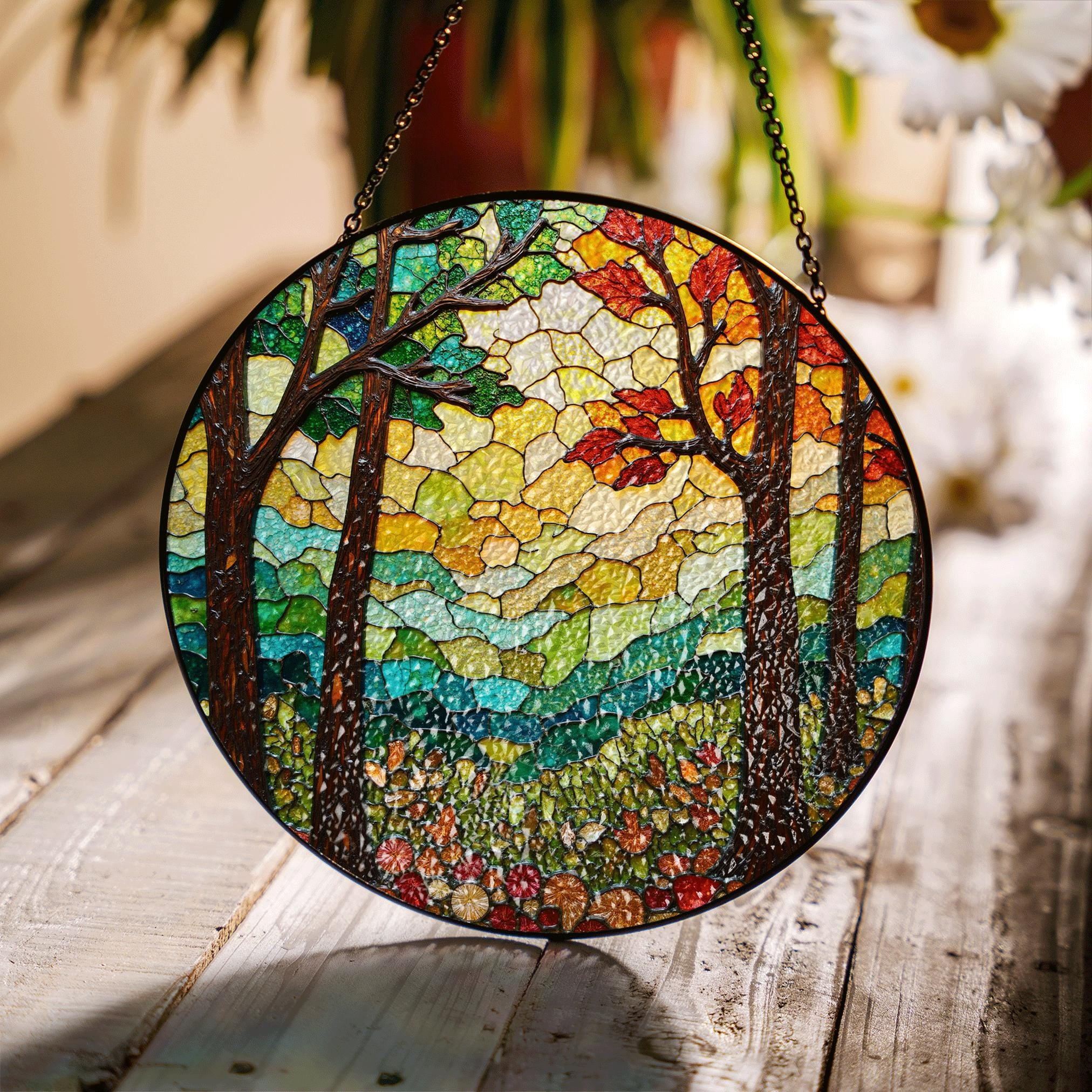 Stained Glass Tree Landscape Suncatcher Hanging Art Home Decor Gift for ...