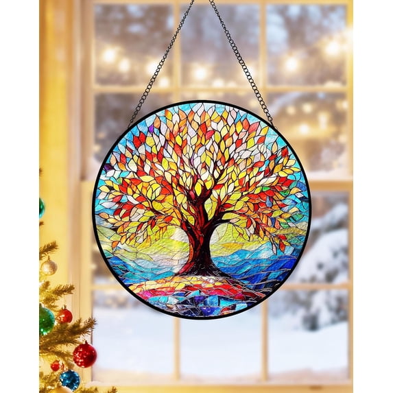 Stained Glass Tree Of Life Window Suncatcher 8-Inch Round Decorative ...