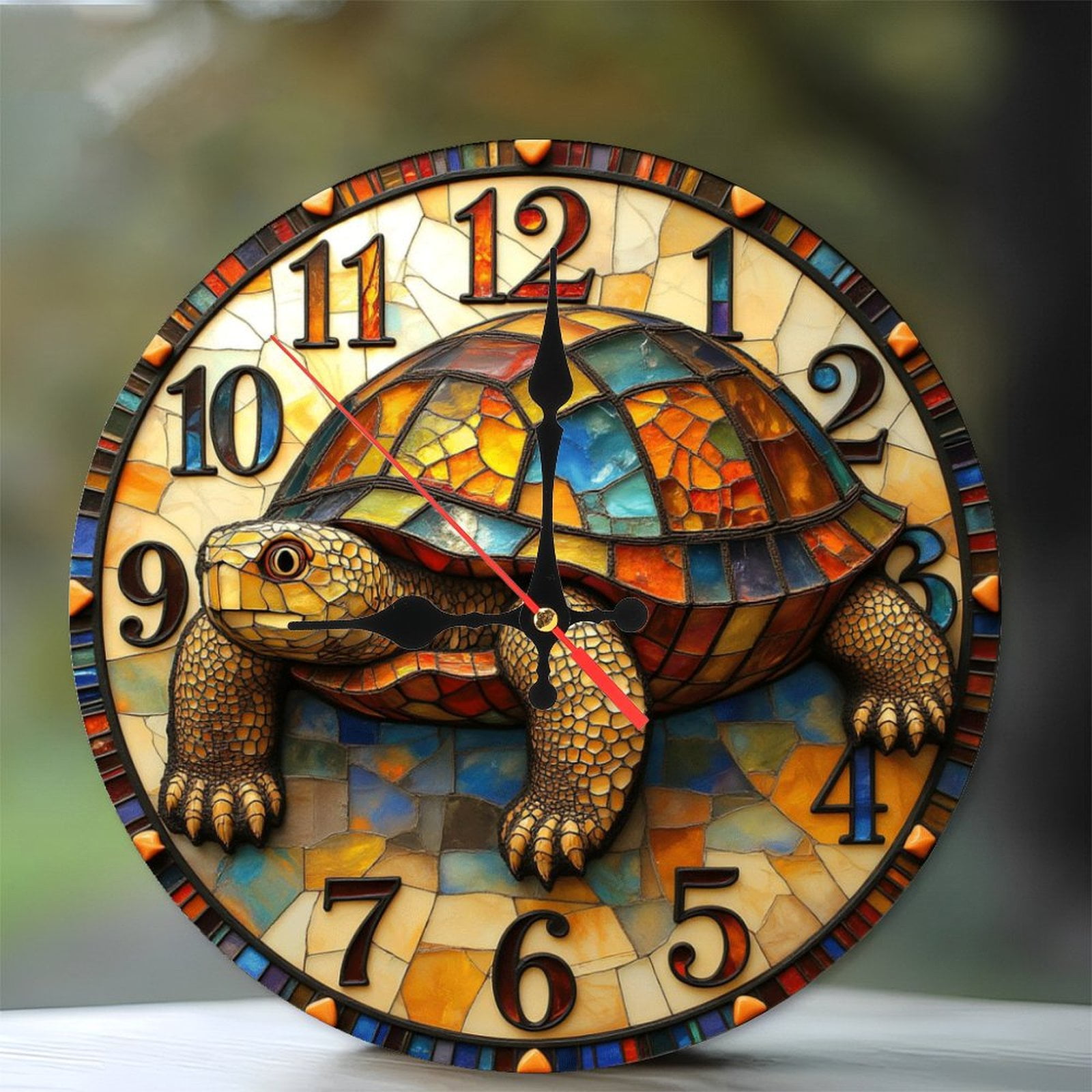 Stained Glass Turtle Wall Clock Home Décor 10-Inch Silent Wooden Wall ...