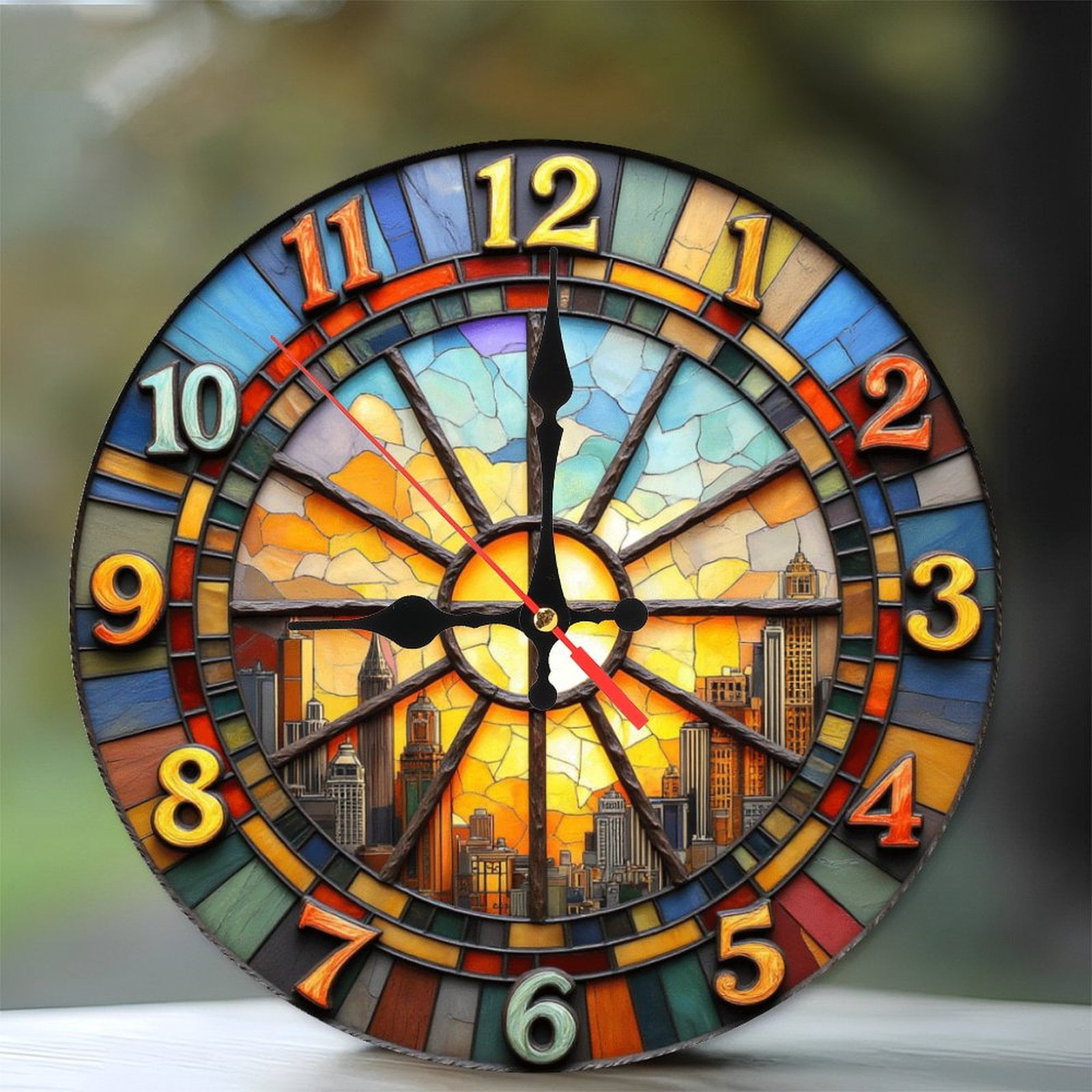 Stained Glass Vintage Wall Clock Art Decor 10-Inch Silent Wooden Wall ...